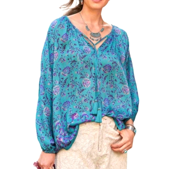 Sundance | Tops | Sundance Arielle Blue Floral Design Silk Modal Blend ...